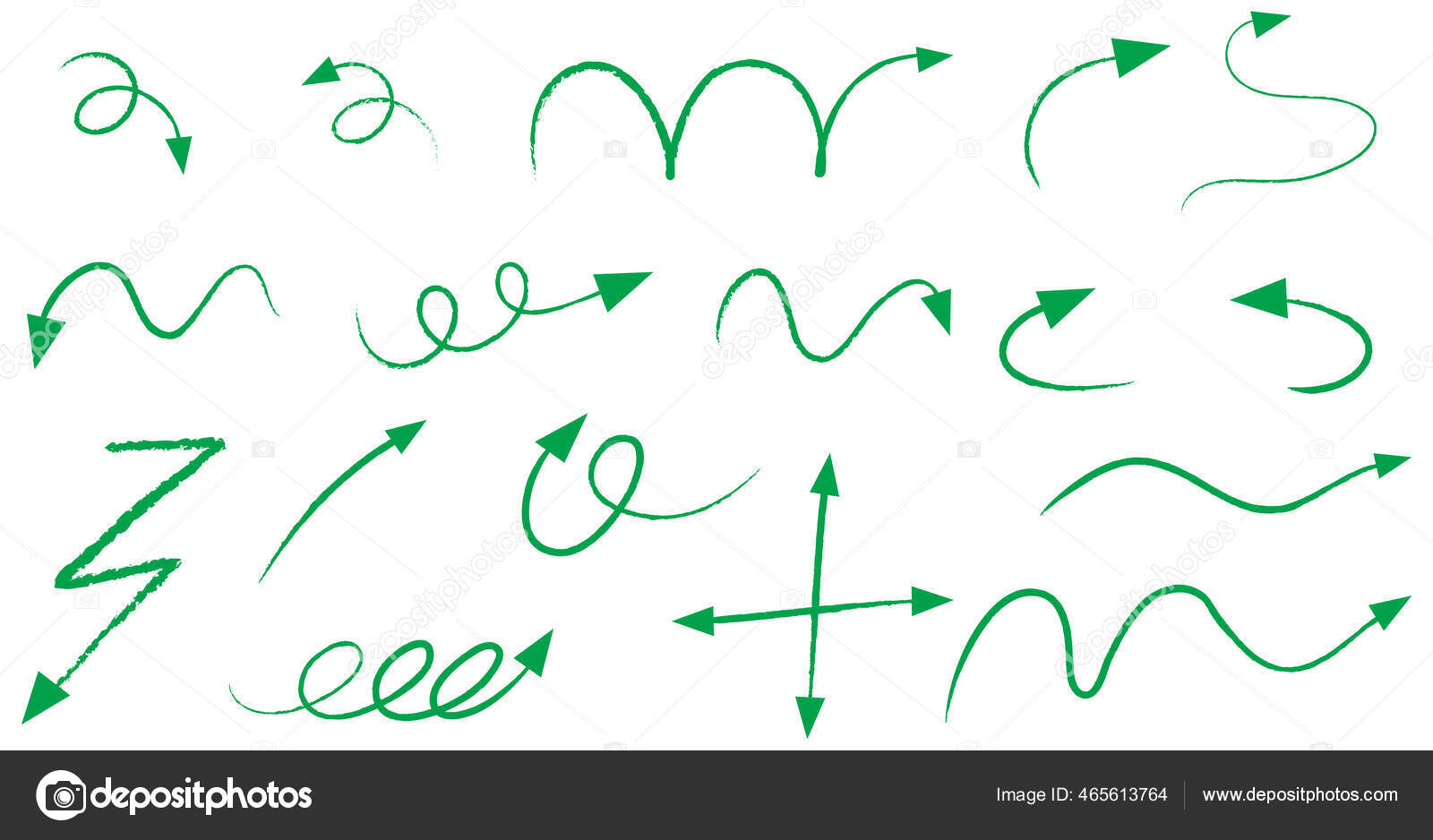 Diferentes Tipos Flechas Curvas Dibujadas Mano Verde Sobre Fondo Blanco ...