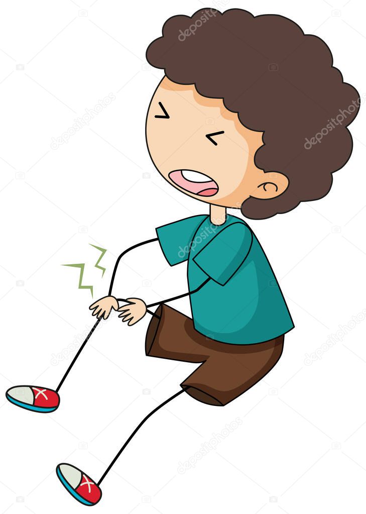 Doodle personaje de dibujos animados de un niño sosteniendo dolorosa ...