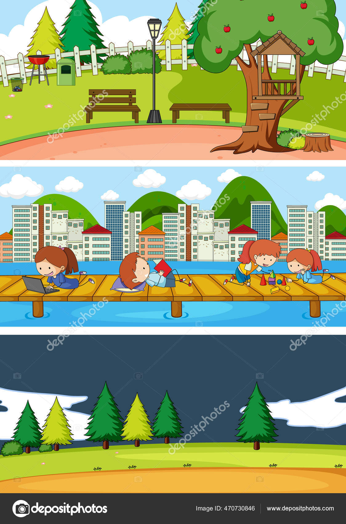 Set Different Horizontal Scenes Background Doodle Kids Cartoon ...