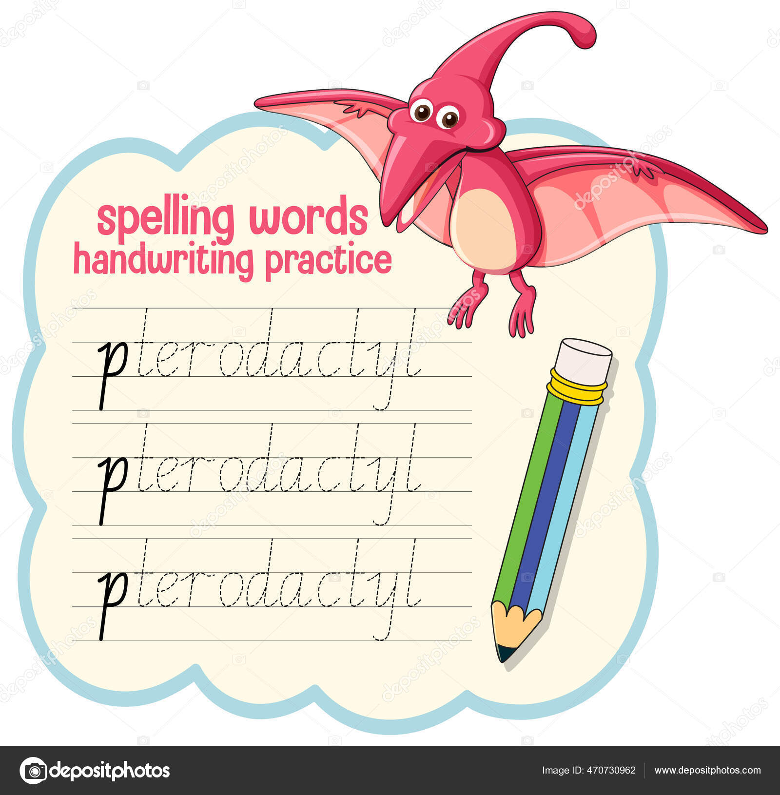 Spelling Words Dinosaur Handwriting Practice Worksheet Illustration ...