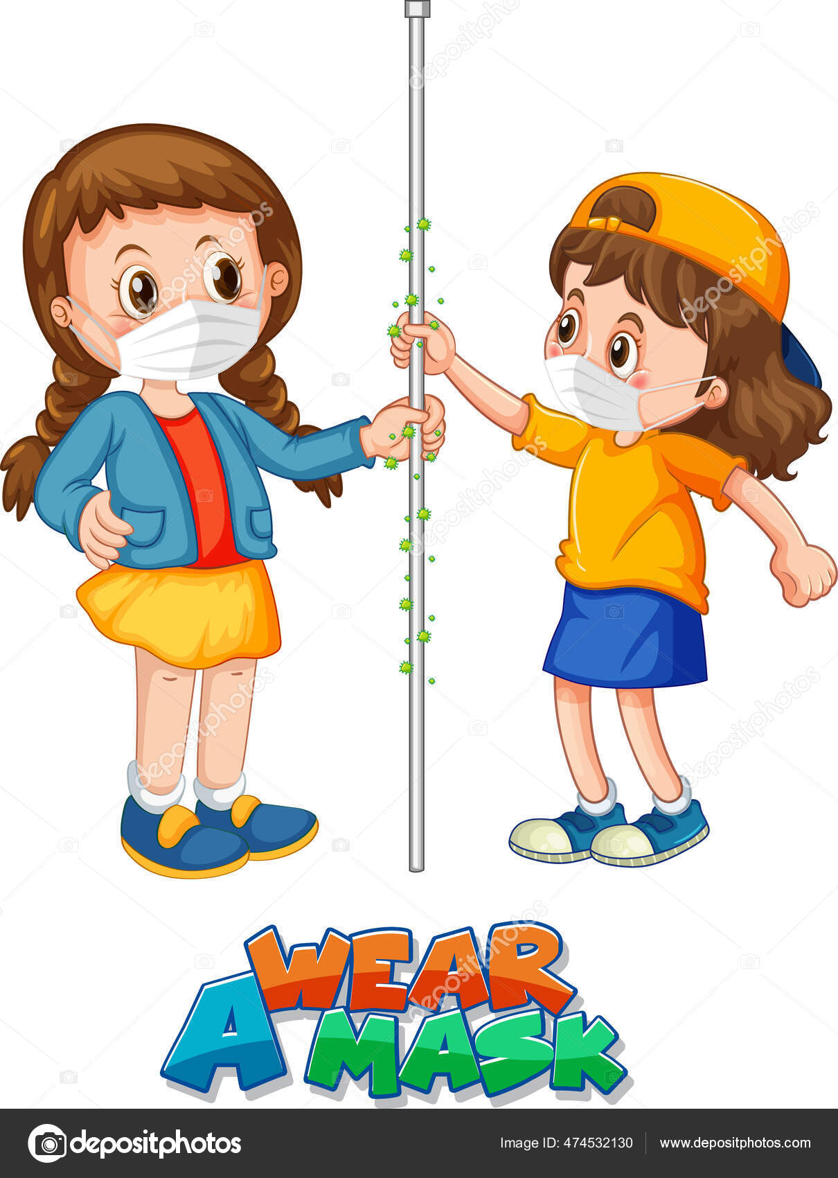 Wear Mask Font Cartoon Style Two Kids Keep Social Distance Stock Vector ...
