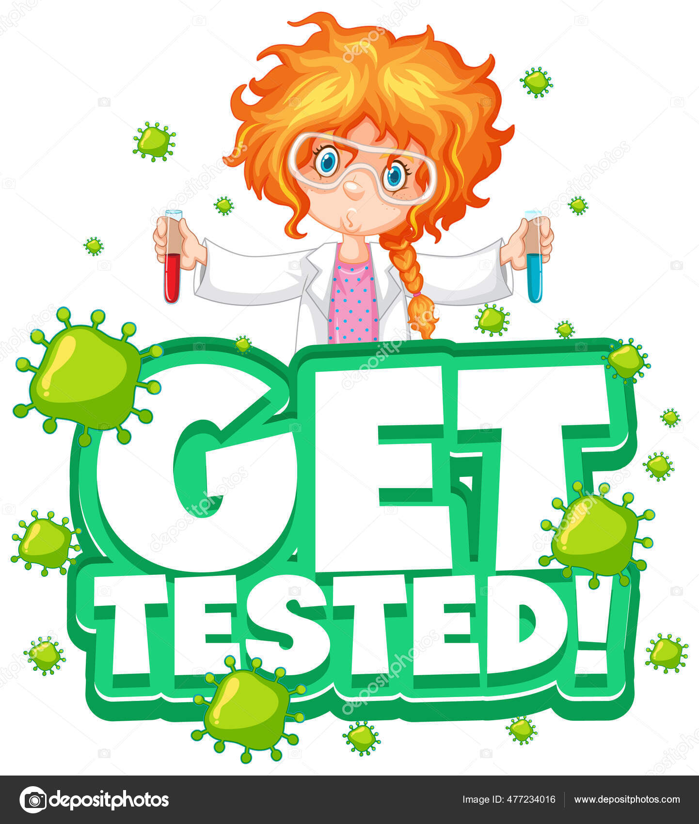 Get Tested Font Cartoon Style Scientist Girl Cartoon Character Isolated ...
