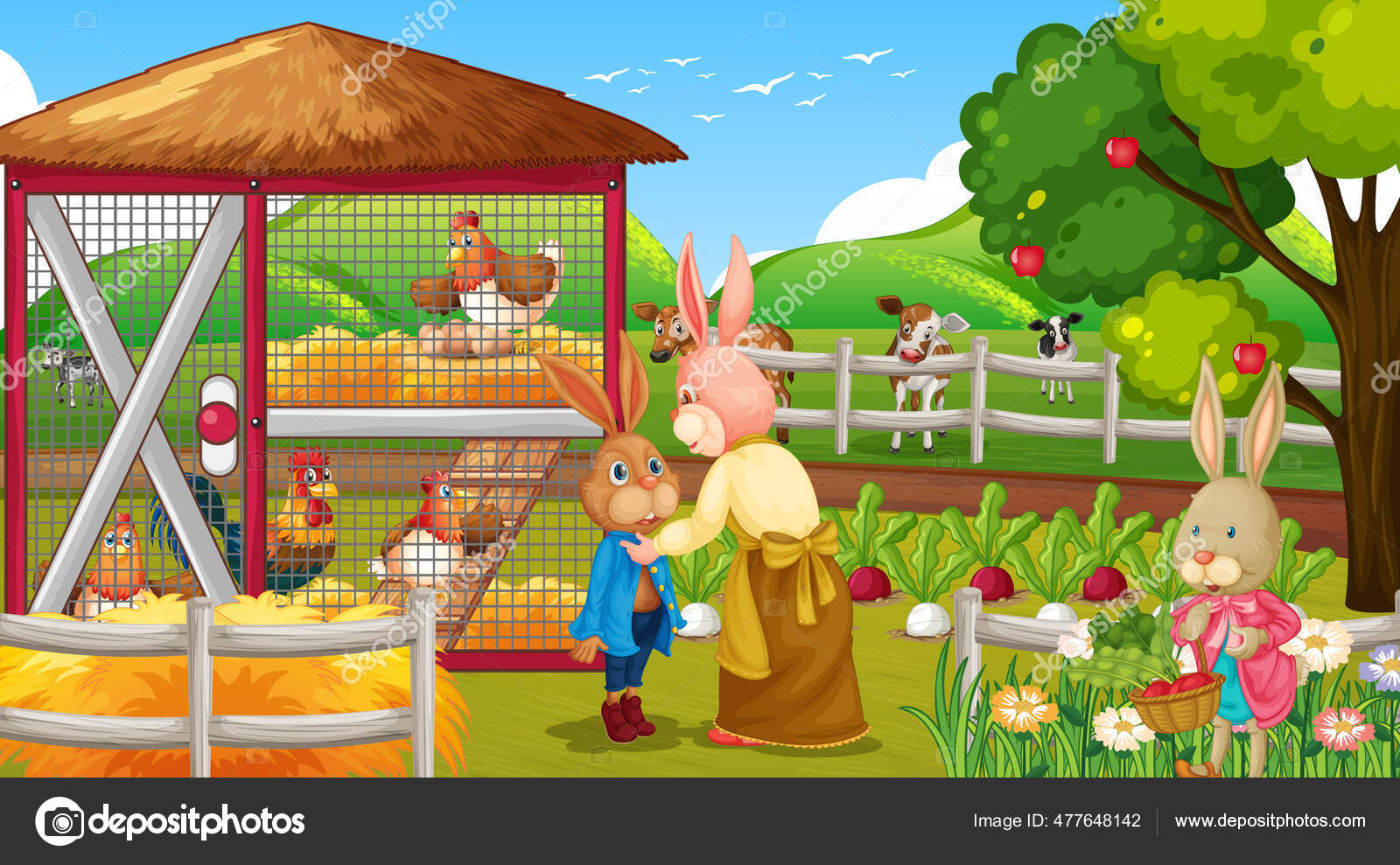 Garden Scene Many Rabbits Cartoon Character Illustration Stock Vector ...