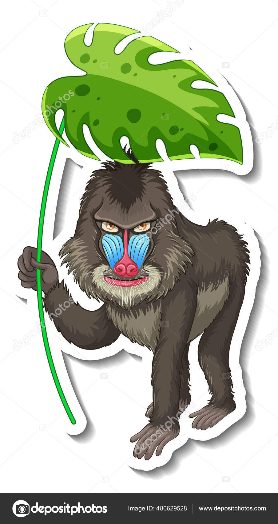 Sticker Template Mandrill Holding Leaf White Background Illustration ...