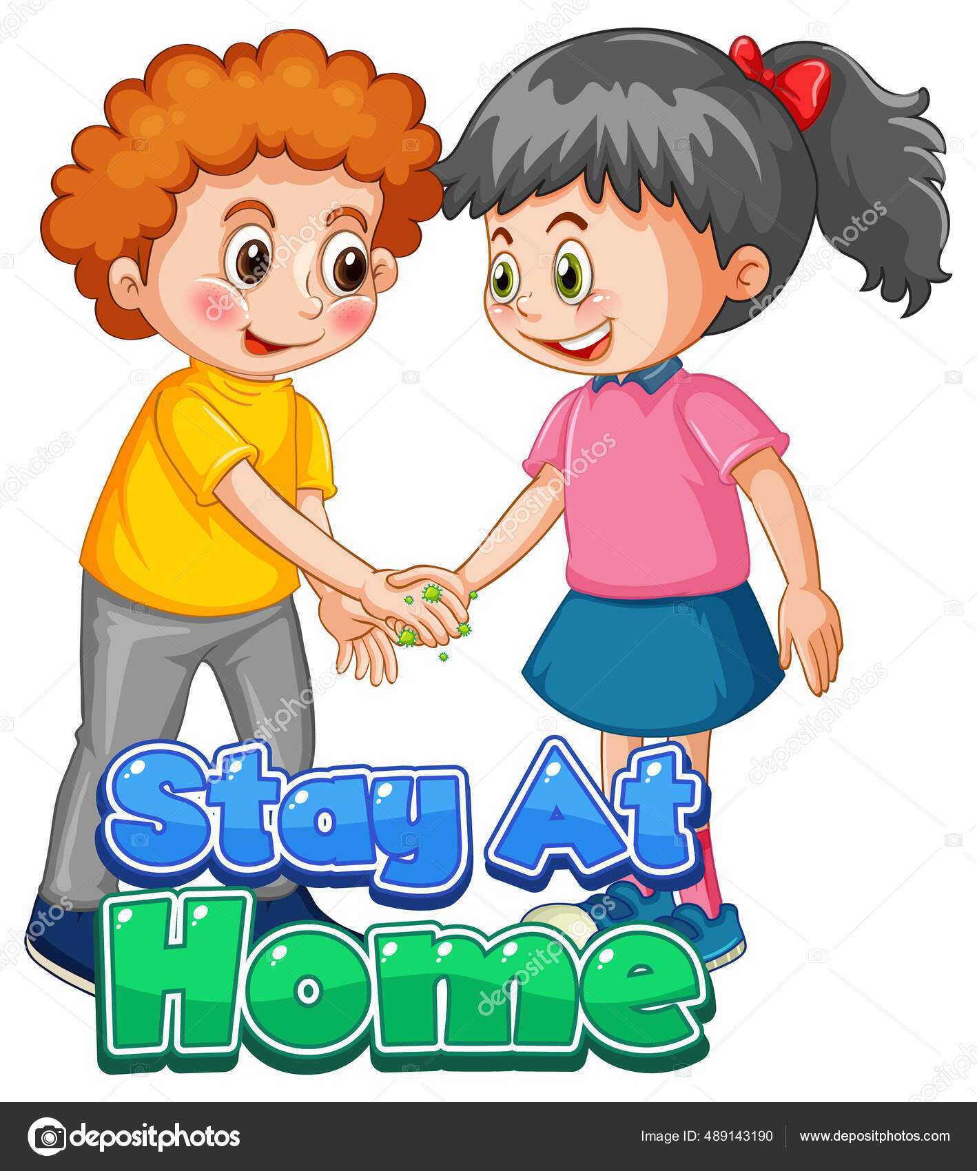 Stay Home Fuente Estilo Dibujos Animados Con Dos Niños Mantienen vector ...