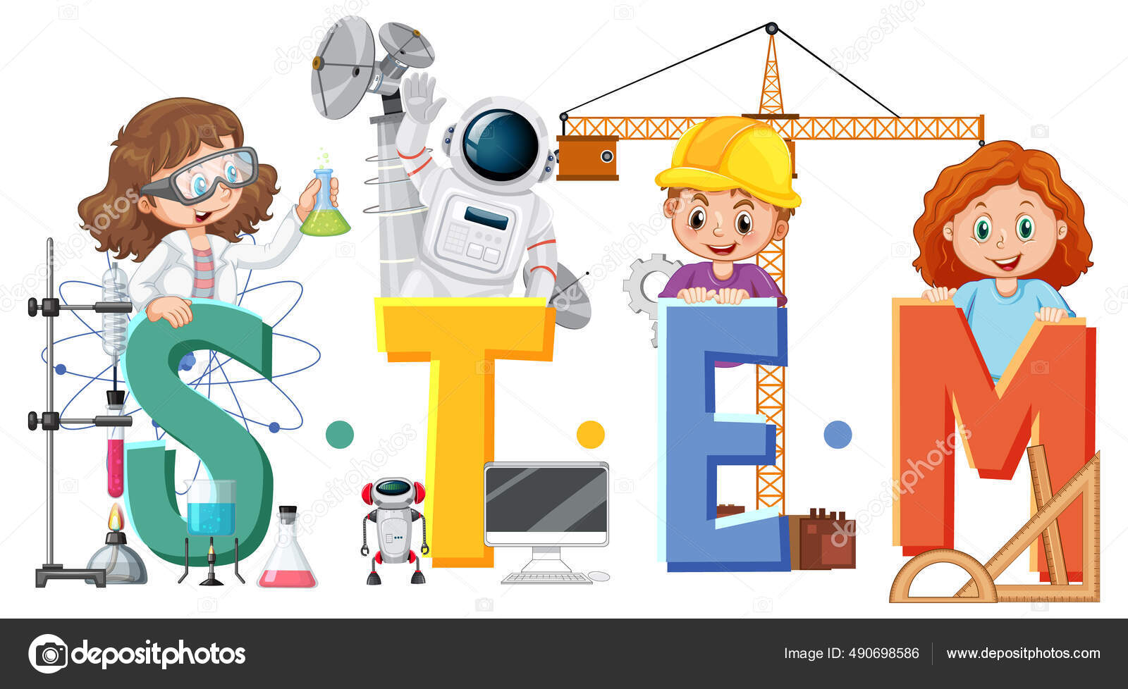 Logo Educación Stem Con Ilustración Personajes Dibujos Animados Para ...