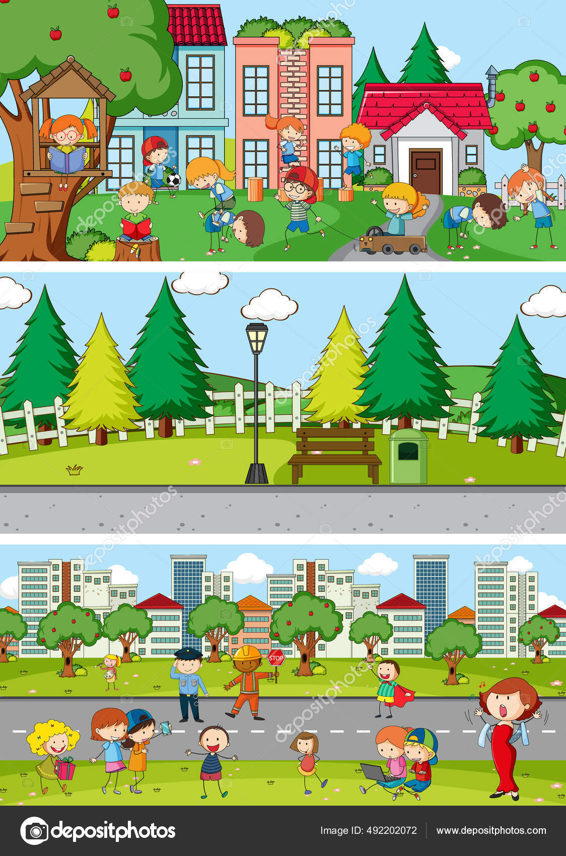 Conjunto Diferentes Escenas Horizonte Fondo Con Dibujos Animados Para ...