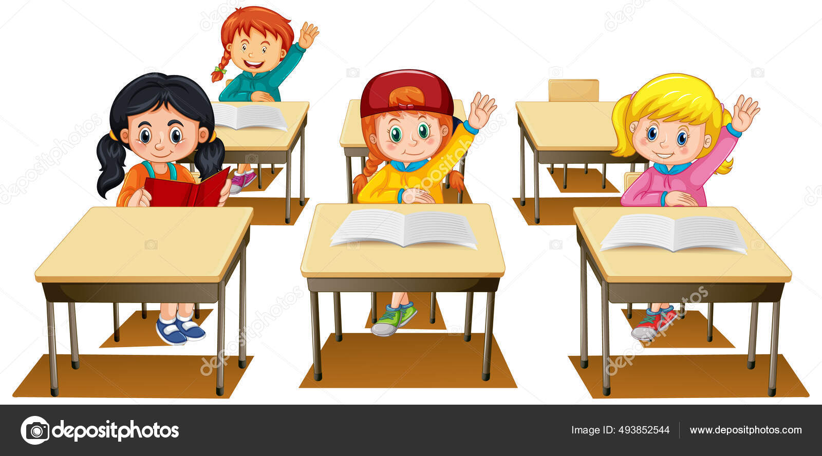 Students Raising Hands White Background Illustration Stock Vector by ©interactimages 493852544