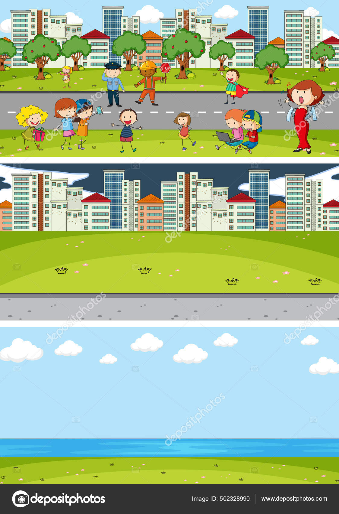 Set Different Horizontal Scenes Background Doodle Kids Cartoon ...