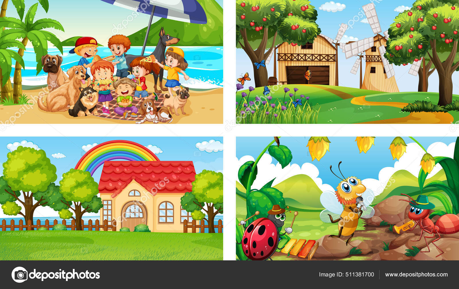 Four Different Scenes Children Cartoon Character Illustration Stock ...