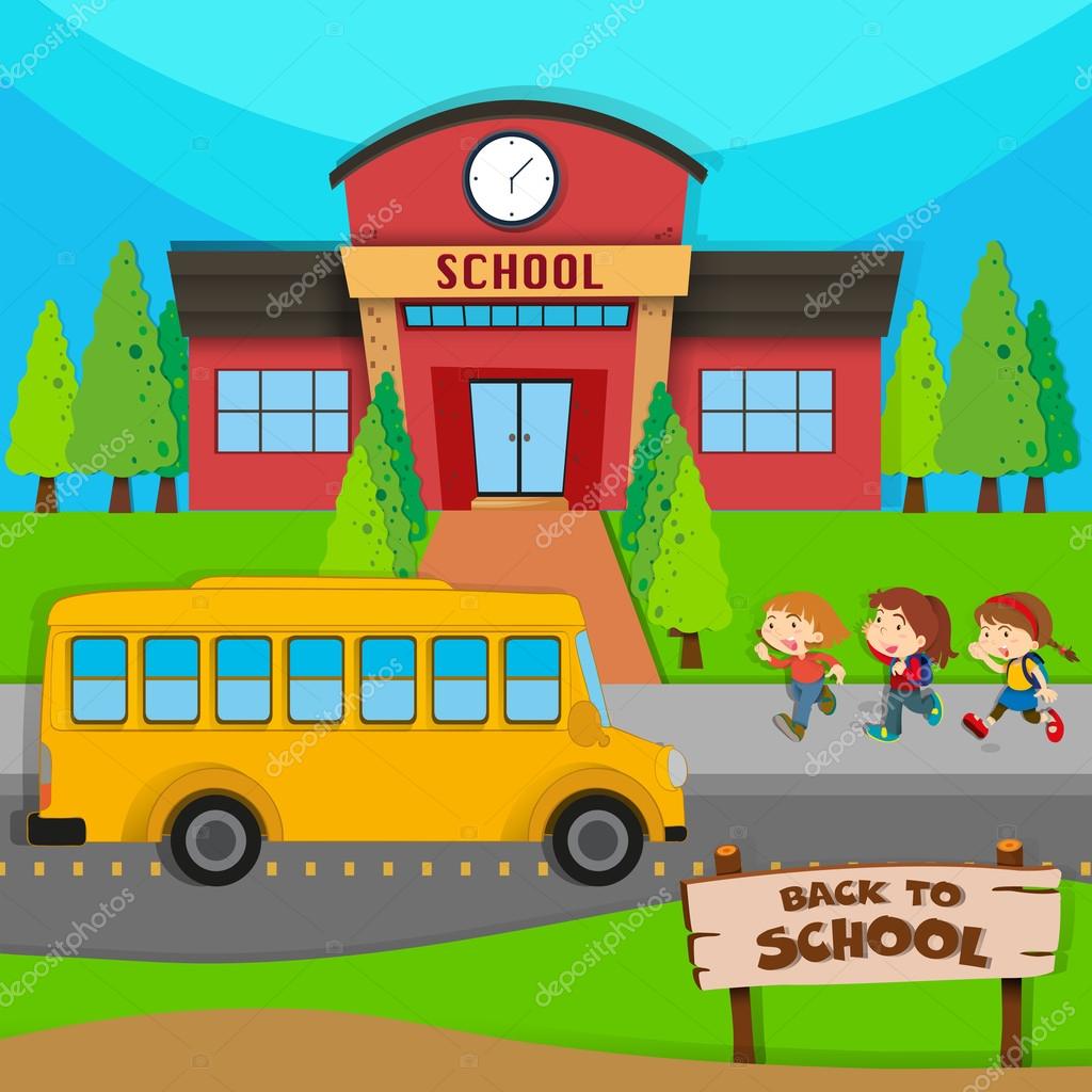 Kinder und Schulbus in der Schule Stock-Vektorgrafik von ...