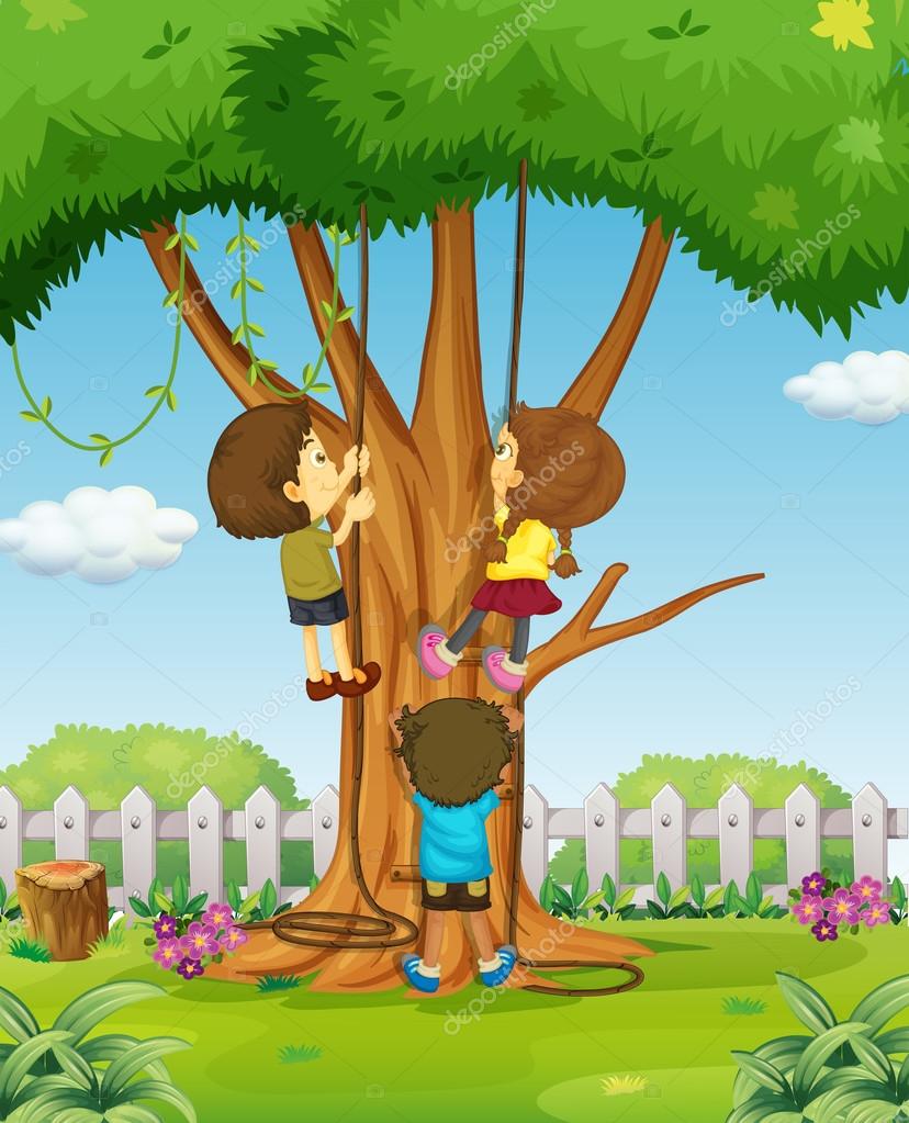 Niños y niña trepando por el árbol — Vector de stock © interactimages ...