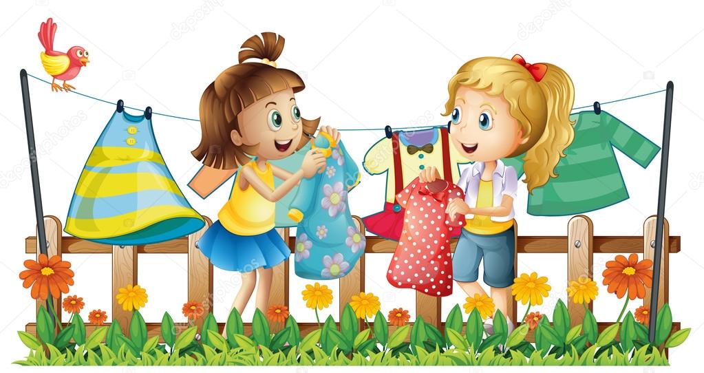 Two girls drying their clothes Stock Vector by ©interactimages 98690420