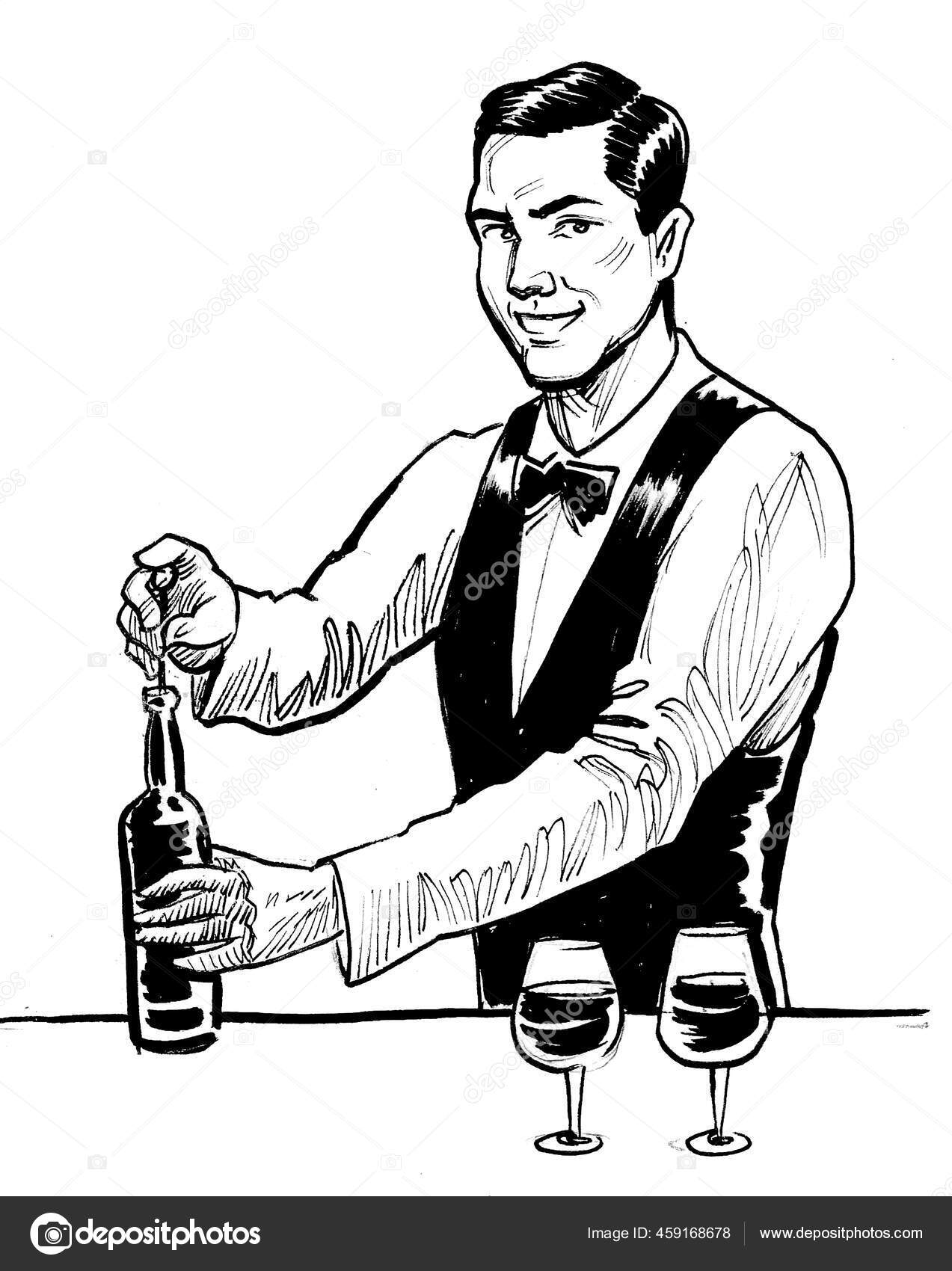 Bartender Opening Bottle Wine Ink Black White Drawing Stock ...
