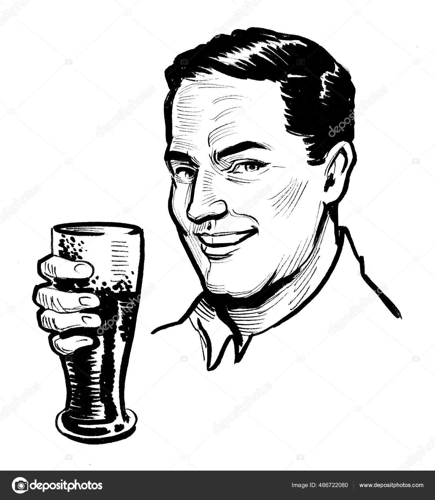 Happy Man Drinking Pint Glass Beer Ink Black White Drawing Stock ...