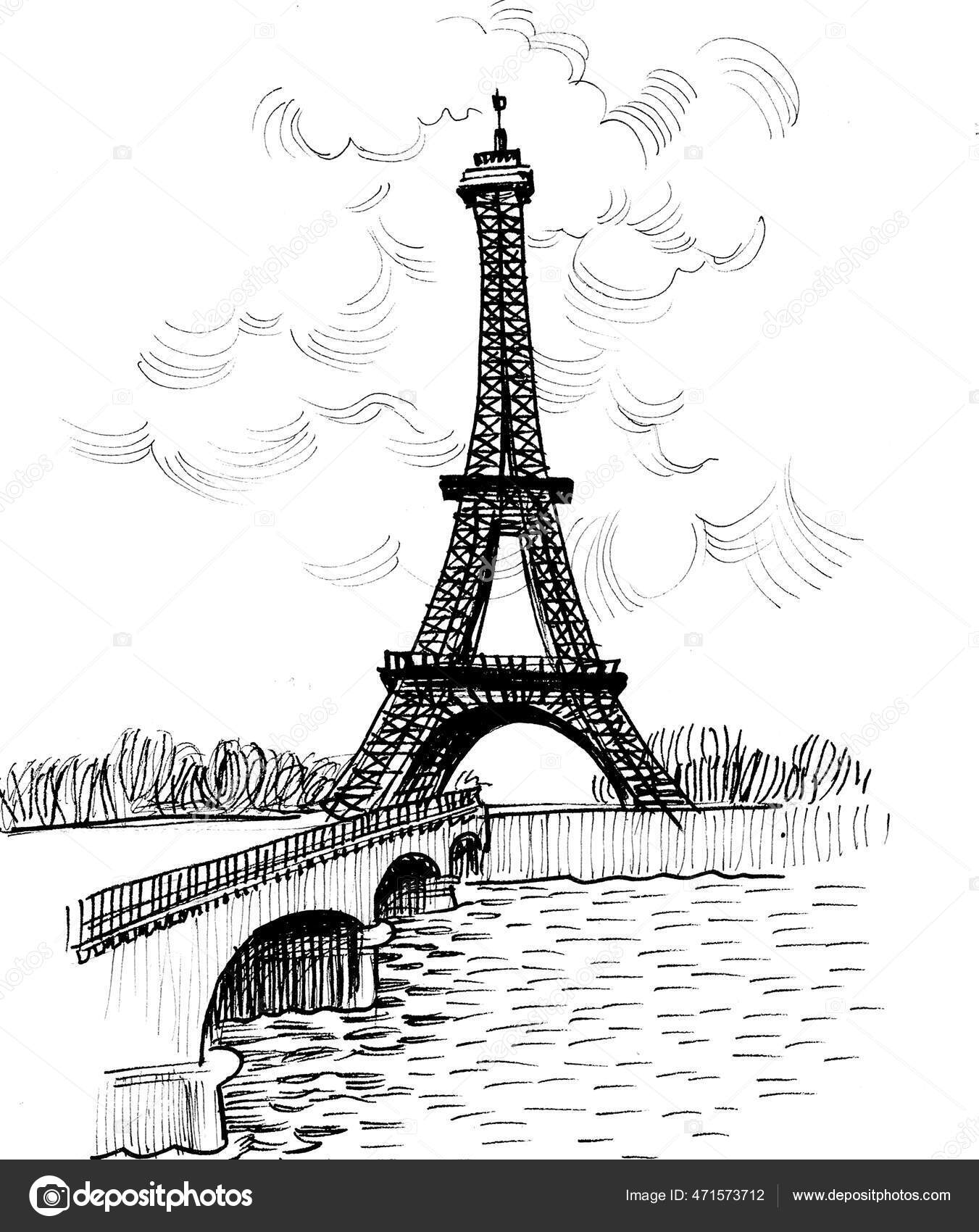 Turnul Eiffel Din Paris Franța Cerneală Desen Alb Negru Ilustrație de ...