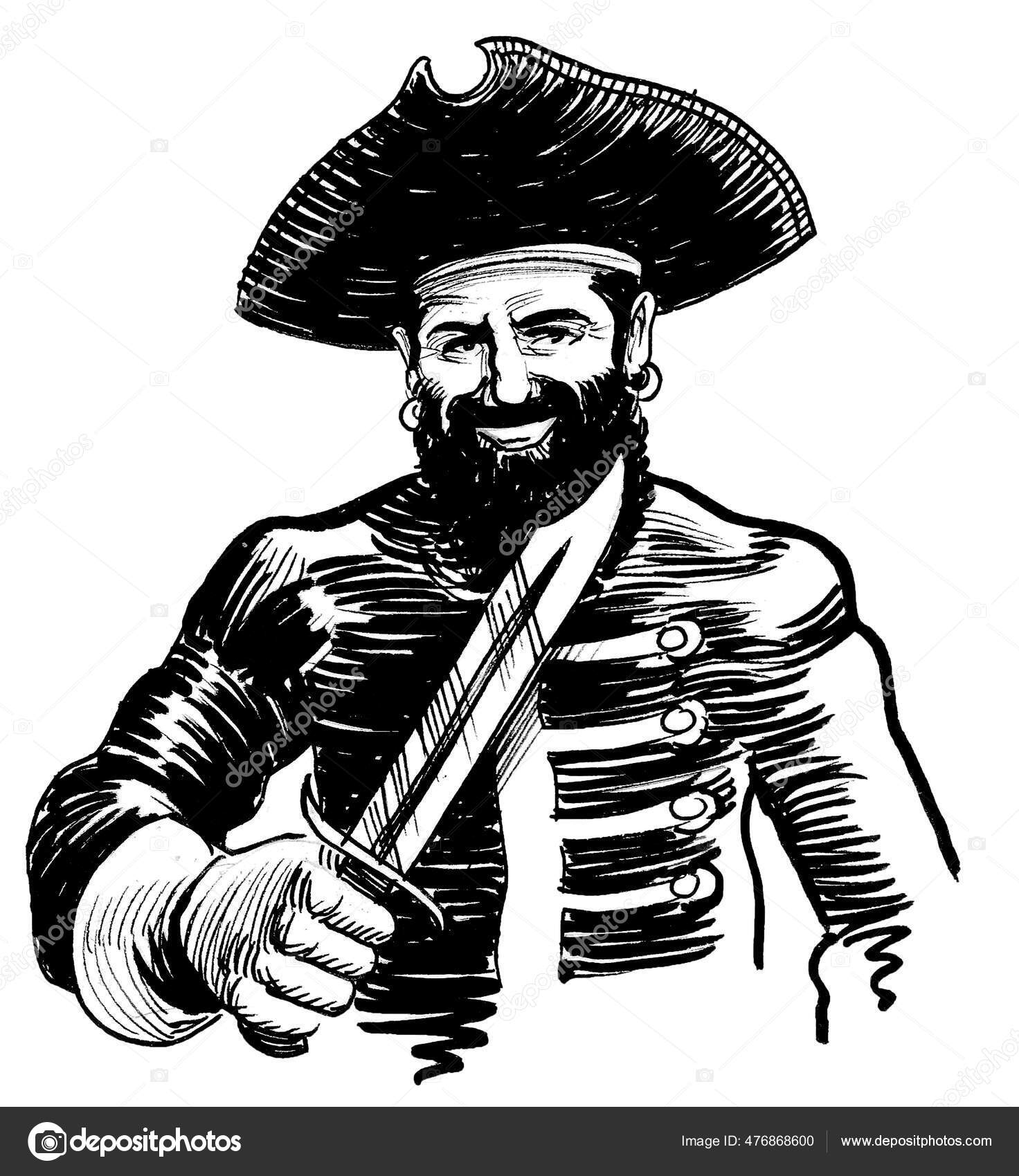 Pirate Captain Sword Ink Black White Drawing Stock Photo by ...