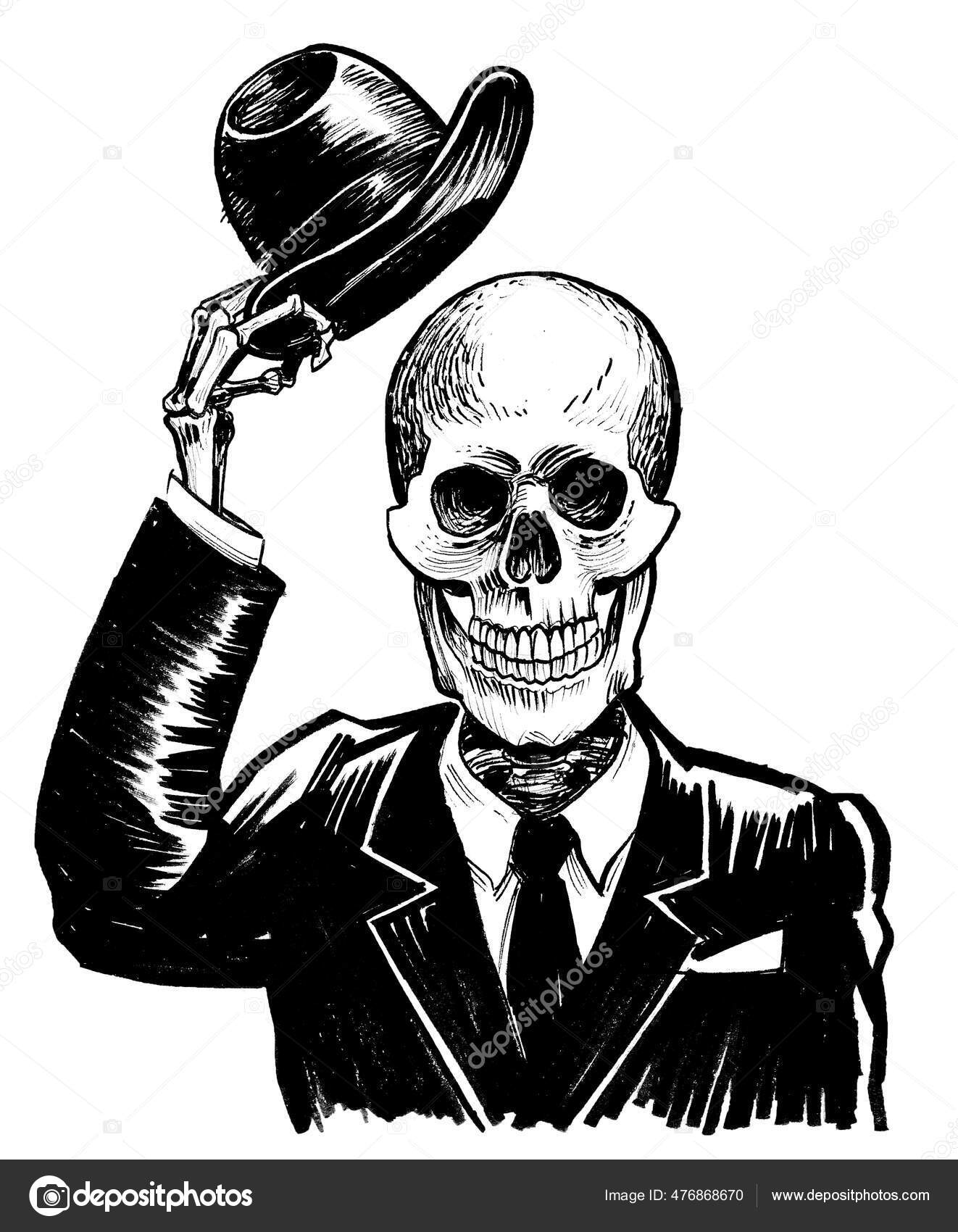 Human Skeleton Raising Hat Ink Black White Drawing Stock Illustration ...