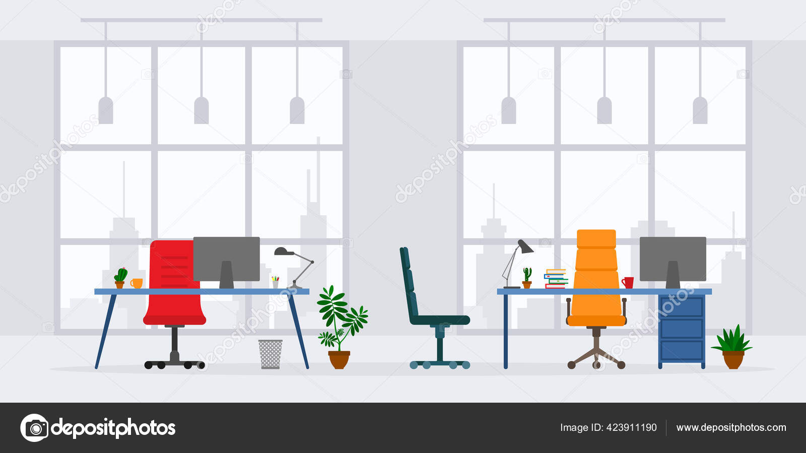Design Modern Empty Office Working Place Front View Vector Illustration ...