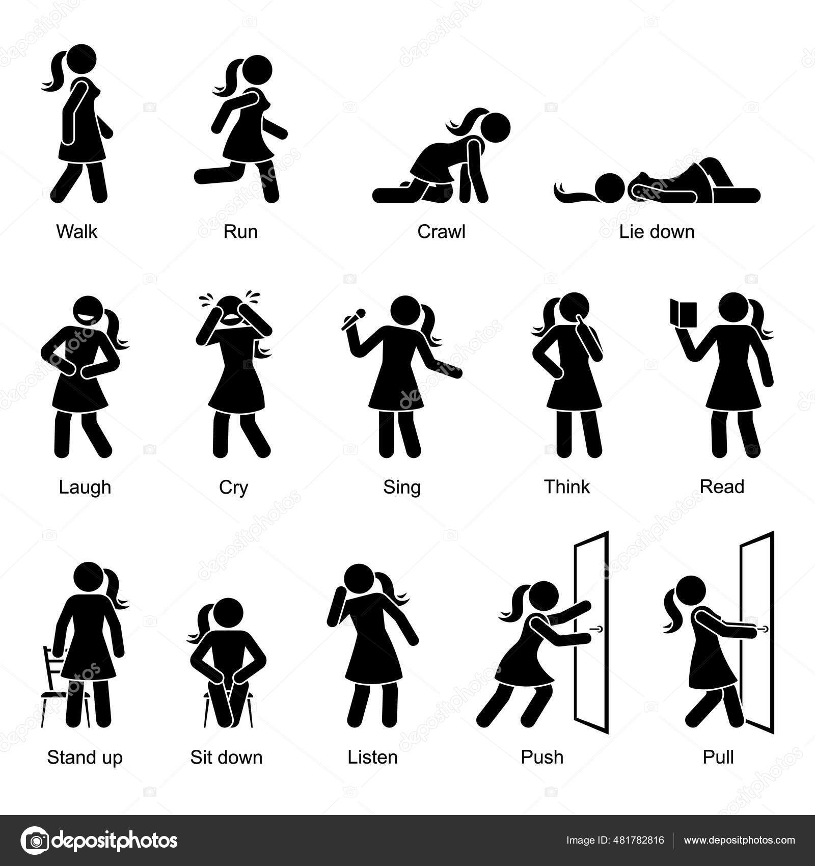 Action Verbs Stick Figure Woman Walking Running Crawling Lying Laughing ...
