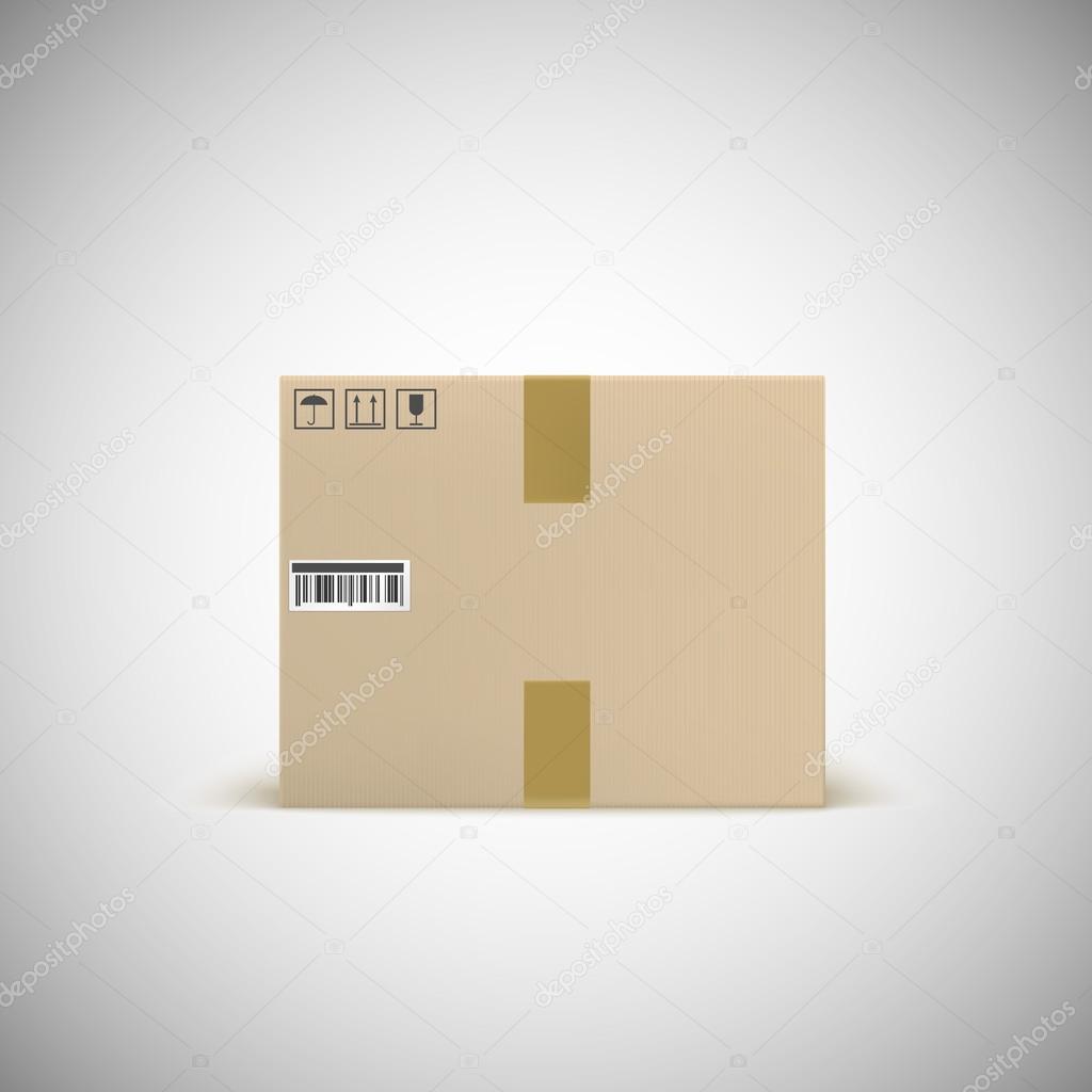 Sealed cardboard box with barcode tape and traffic signs. Front view ...