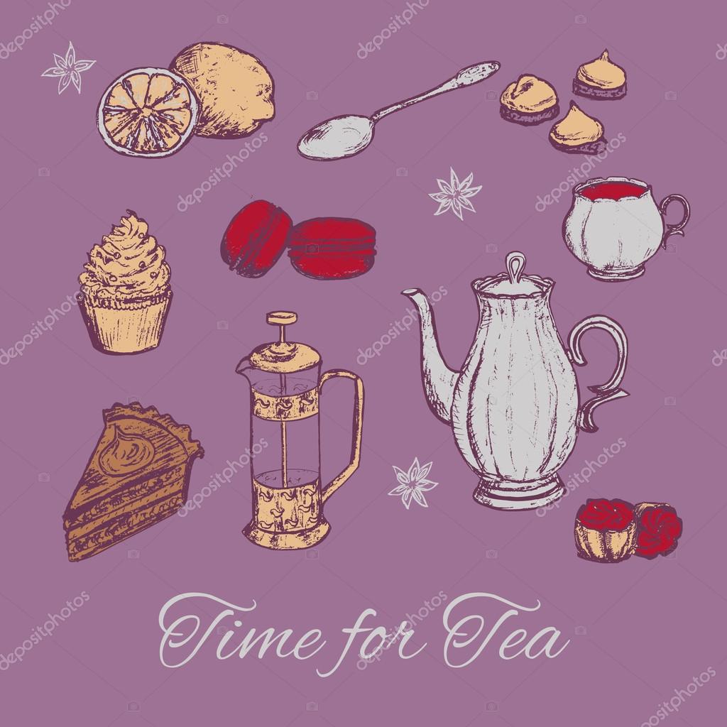 Hand draw tea party vector illustration. Tea background with cakes and ...