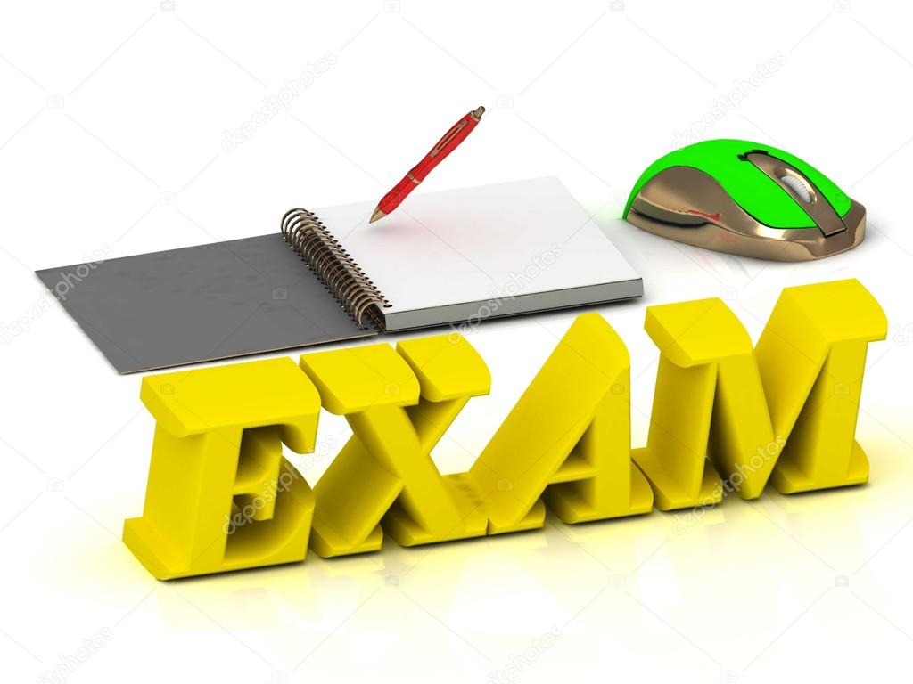 EXAM bright color yellow volume letter and textbooks — Stock Photo ...