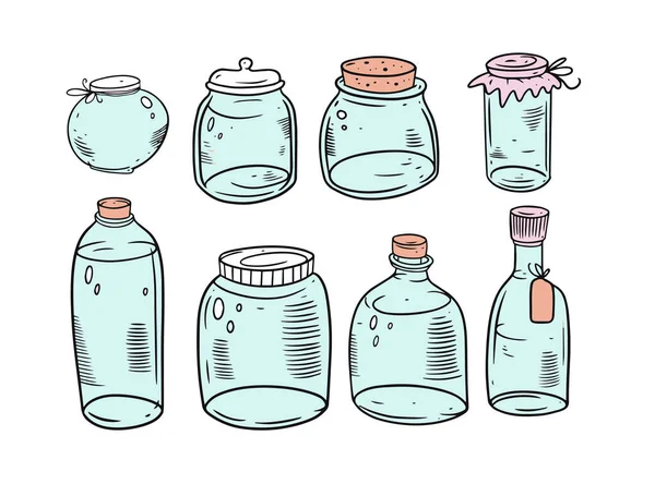 Colorful six jars. Hand drawing vector illustration. Outline sketch ...