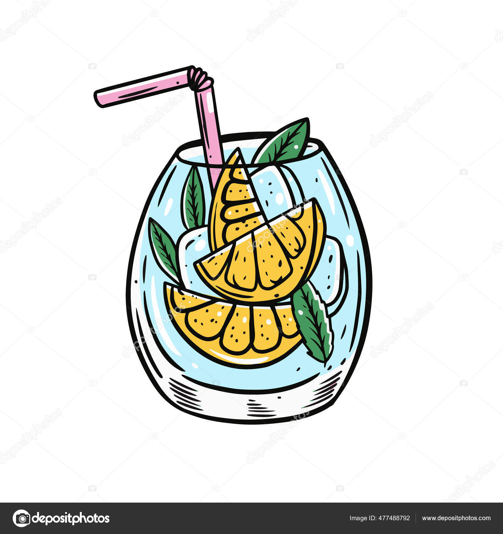 Gin Tonic hand drawn outline cocktail. Colorful cartoon style. Vector ...