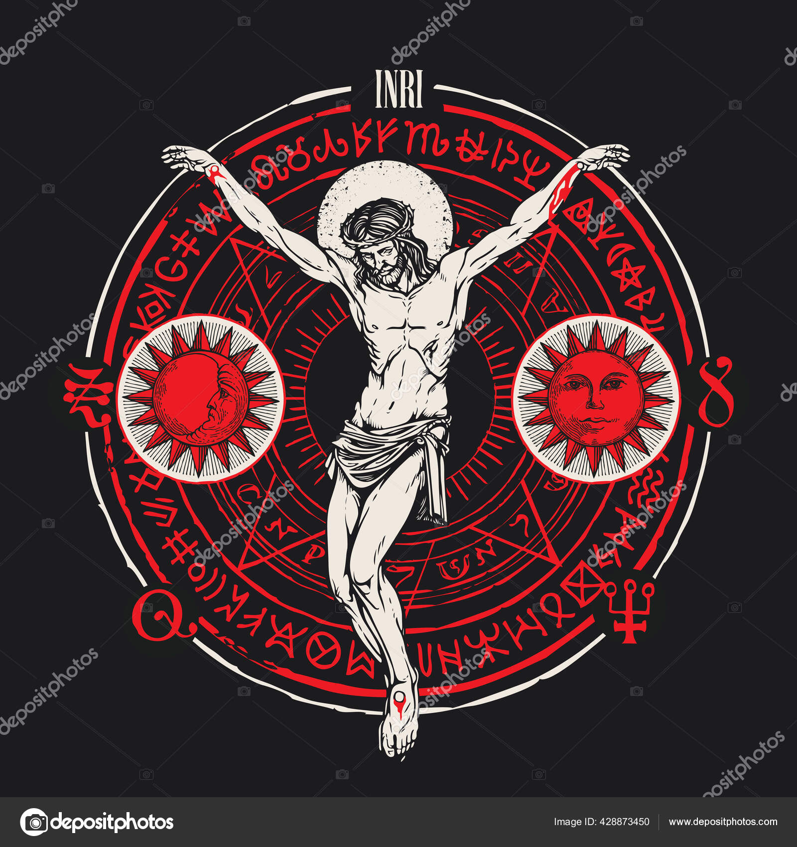 Hand Drawn Crucifix Jesus Christ Sun Moon Alchemical Masonic Symbols ...