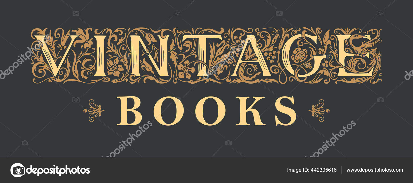 Vector Banner Logo Books Shop Ornate Lettering Black Background Vintage ...