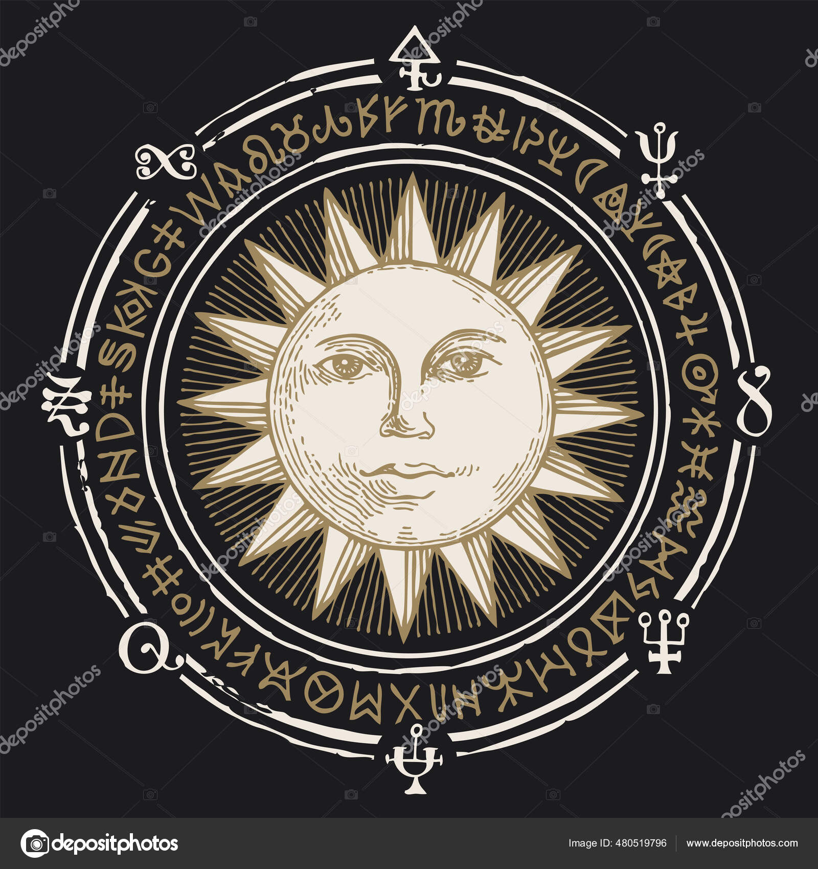 Hand Drawn Illustration Sun Esoteric Symbols Black Background Retro ...
