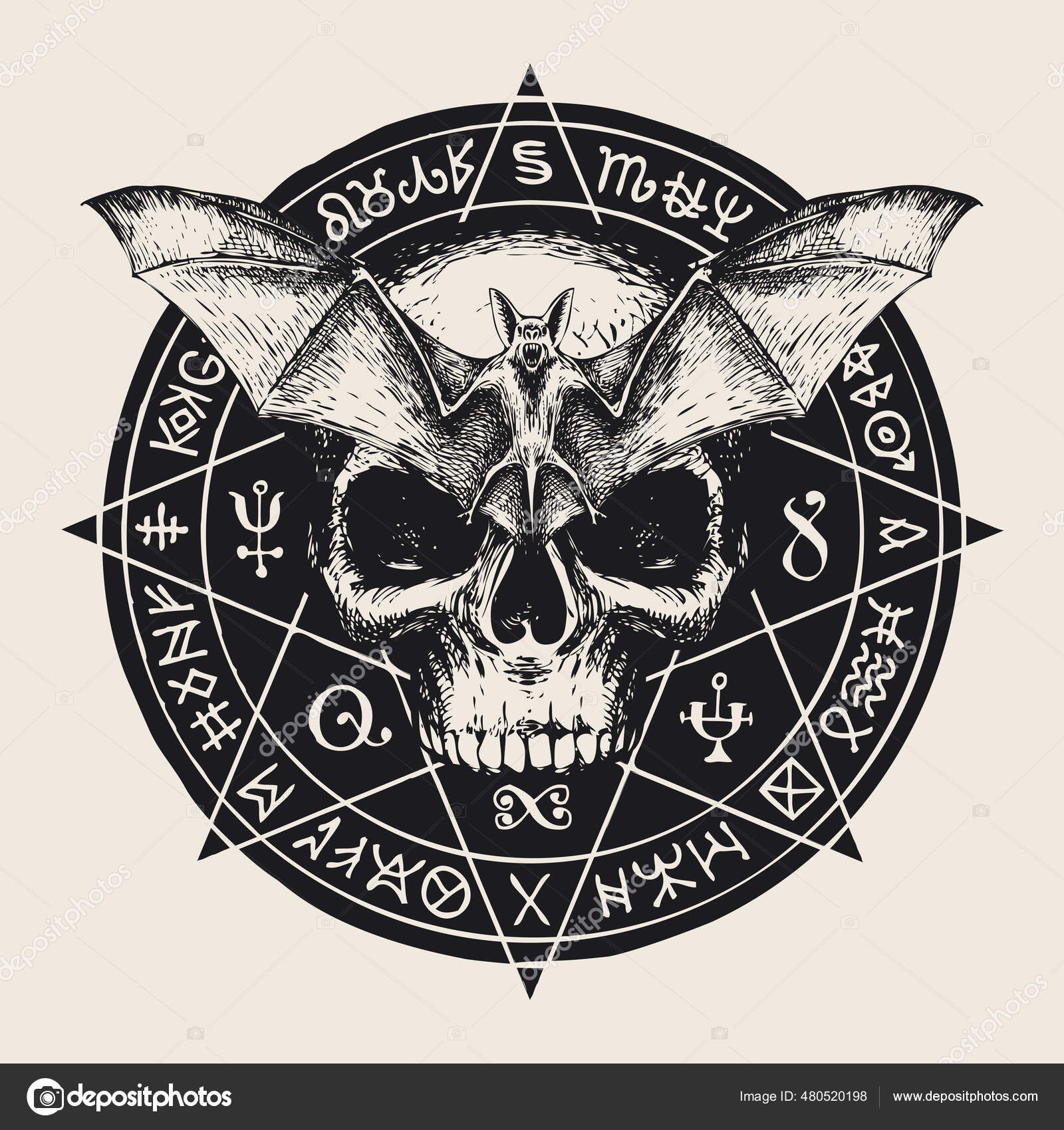 Ručně Kreslená Zlověstná Lidská Lebka Netopýr Otevřenými Křídly ...