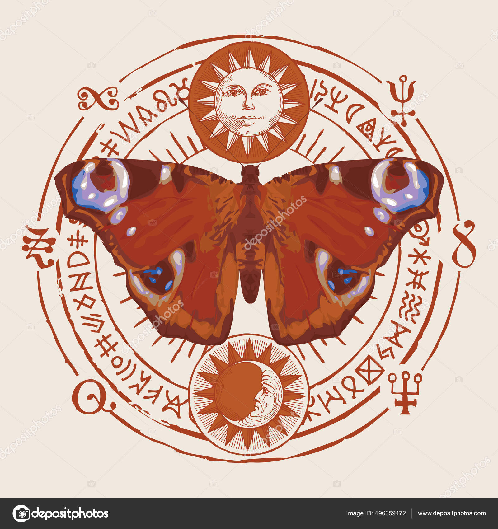 Illustration Peacock Eye Butterfly Magic Circle Esoteric Runes Sun Moon ...