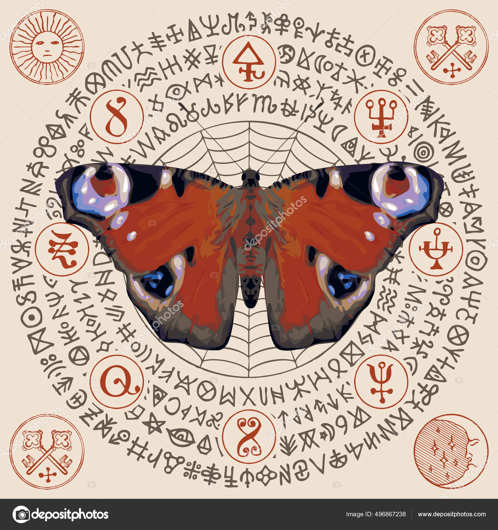 Vector Illustration Peacock Eye Butterfly Magic Runes Written Circle ...