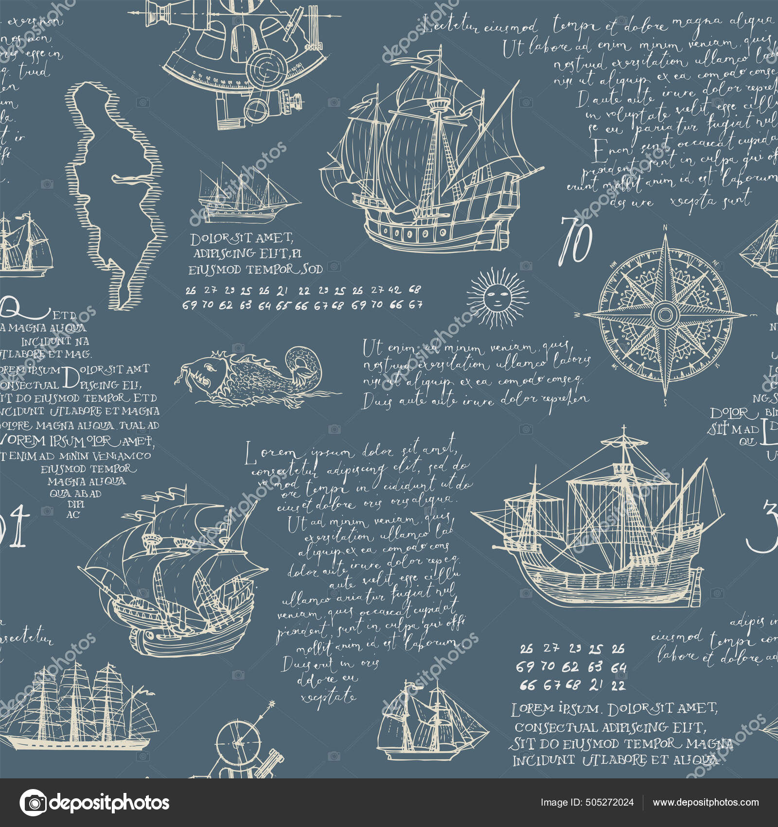 Vintage Seamless Pattern Hand Drawn Sailing Ships Islands Compasses ...
