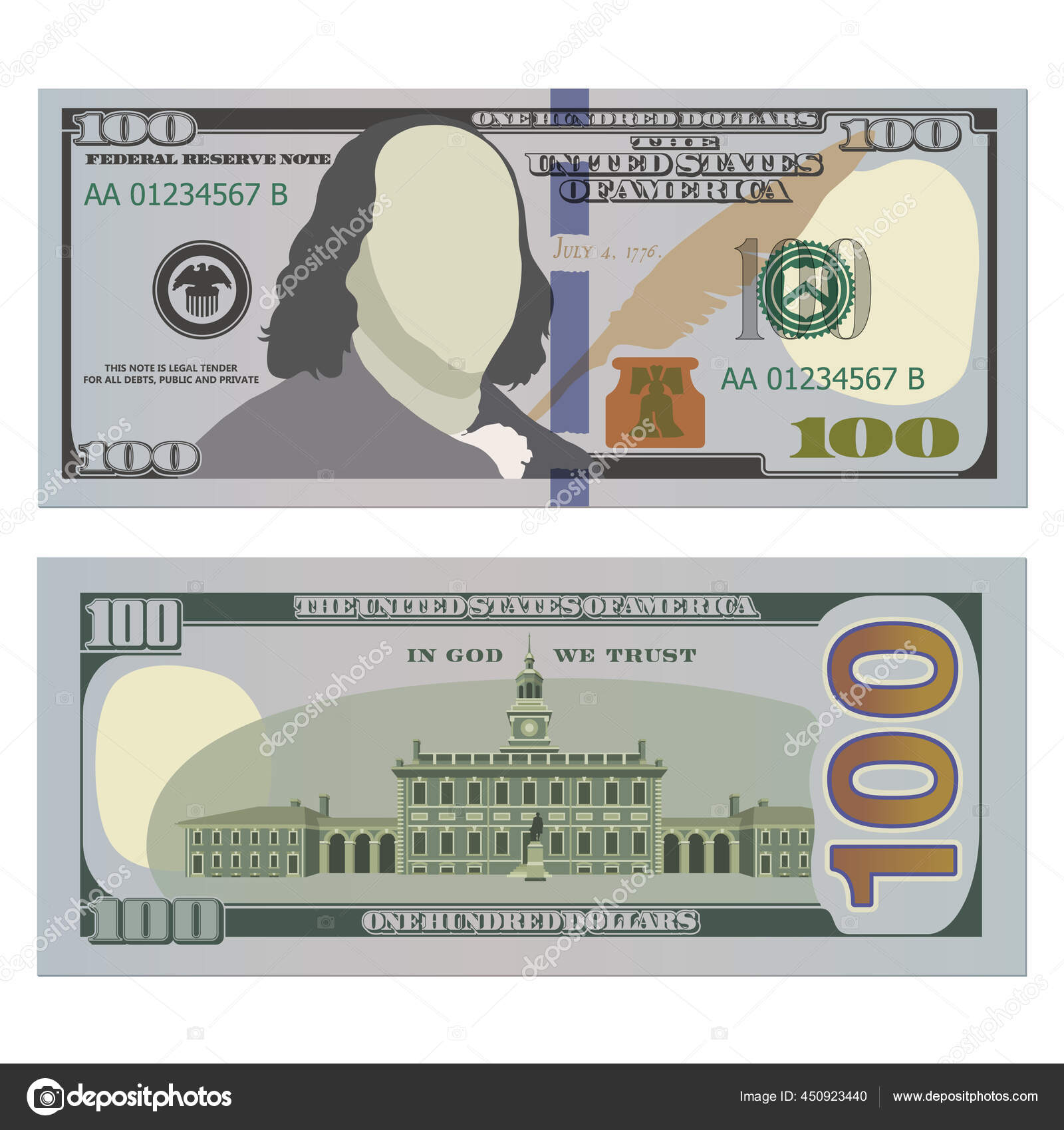 Hundred dollar bill, new design on both sides. 100 US dollars banknote ...