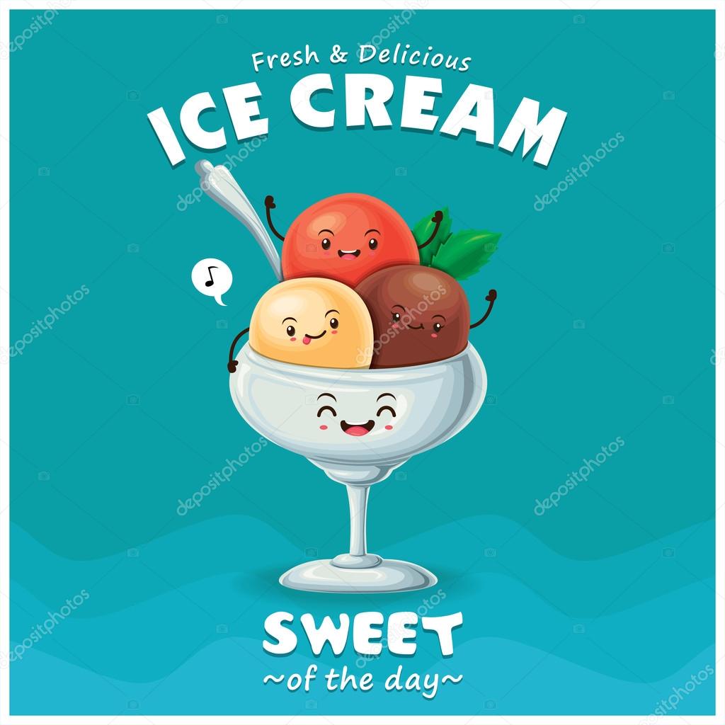 Vintage ice cream poster design with vector ice cream character. Stock ...