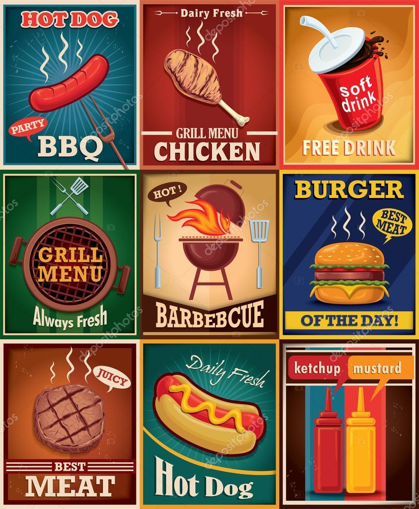 Vintage Bbq Grill Poster Design Set — Stock Vector © Donnay 70453329