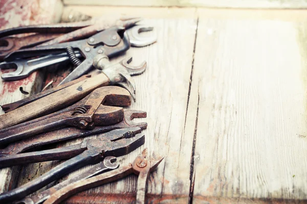 Set Old Rusty Hand Tools Wooden Table — Stock Photo © avgustin #217662034