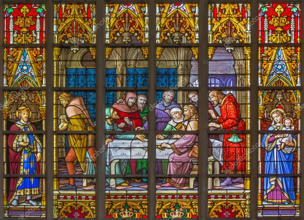 BRUSSELS, BELGIUM - JUNE 16, 2014: Stained glass window depicting Jesus ...