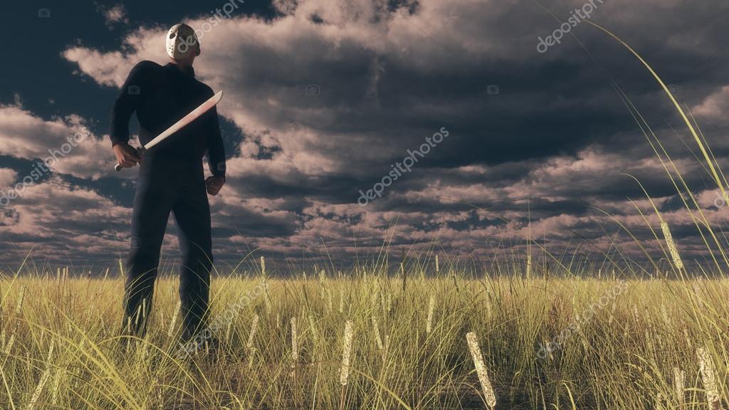 Tueur en série avec masque blanc tenant un couteau sanglant. Debout ...