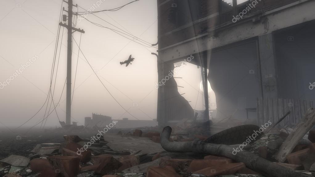 Airplane Flying Over Destroyed Ruins of City — Stock Photo © ysbrand ...