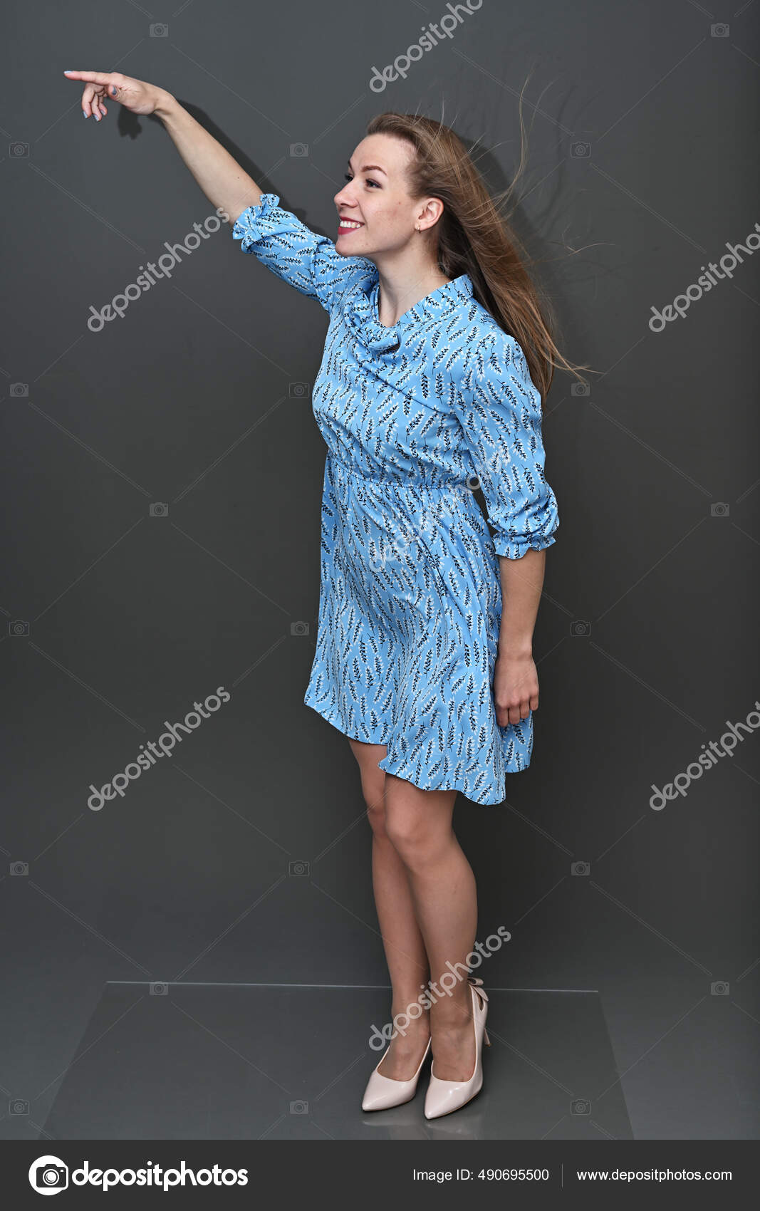 High Resolution Full Length Portrait Young Woman Gray Background Blue ...