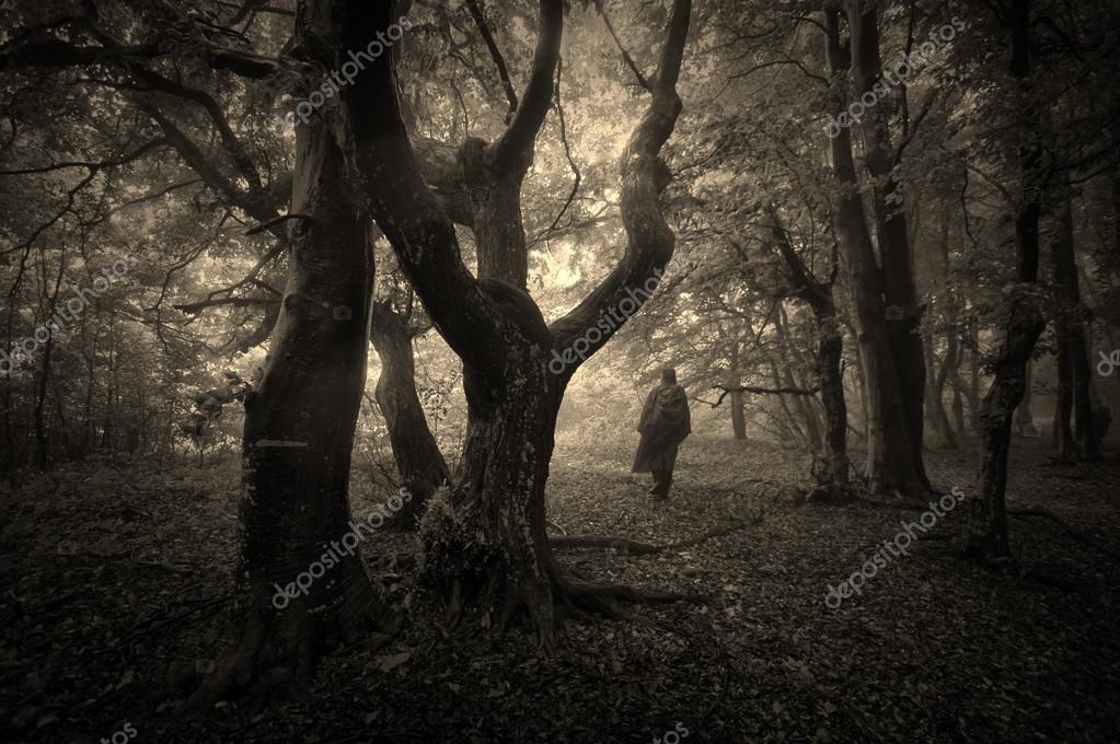 Scary man in forest with fog and old trees on Halloween — Stock Photo ...