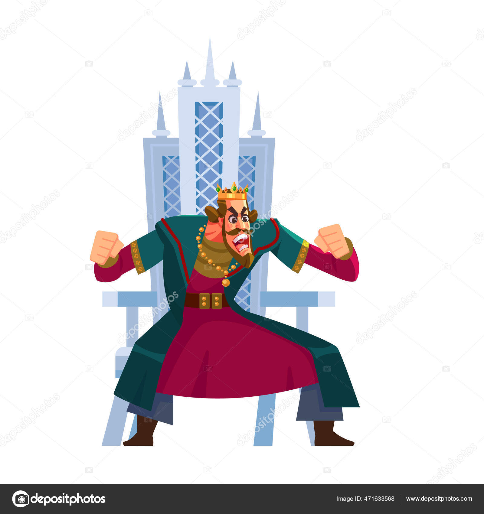 Angry king shouting character sits on the throne. Anger emotion, in ...