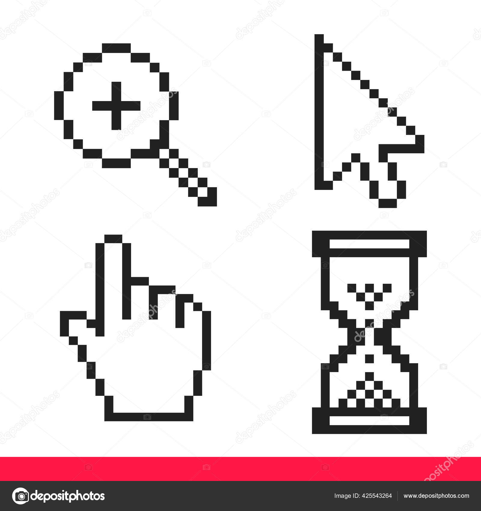 Black and white arrow, hand, magnifierand hourglass pixel mouse cursor icons vector illustration ...