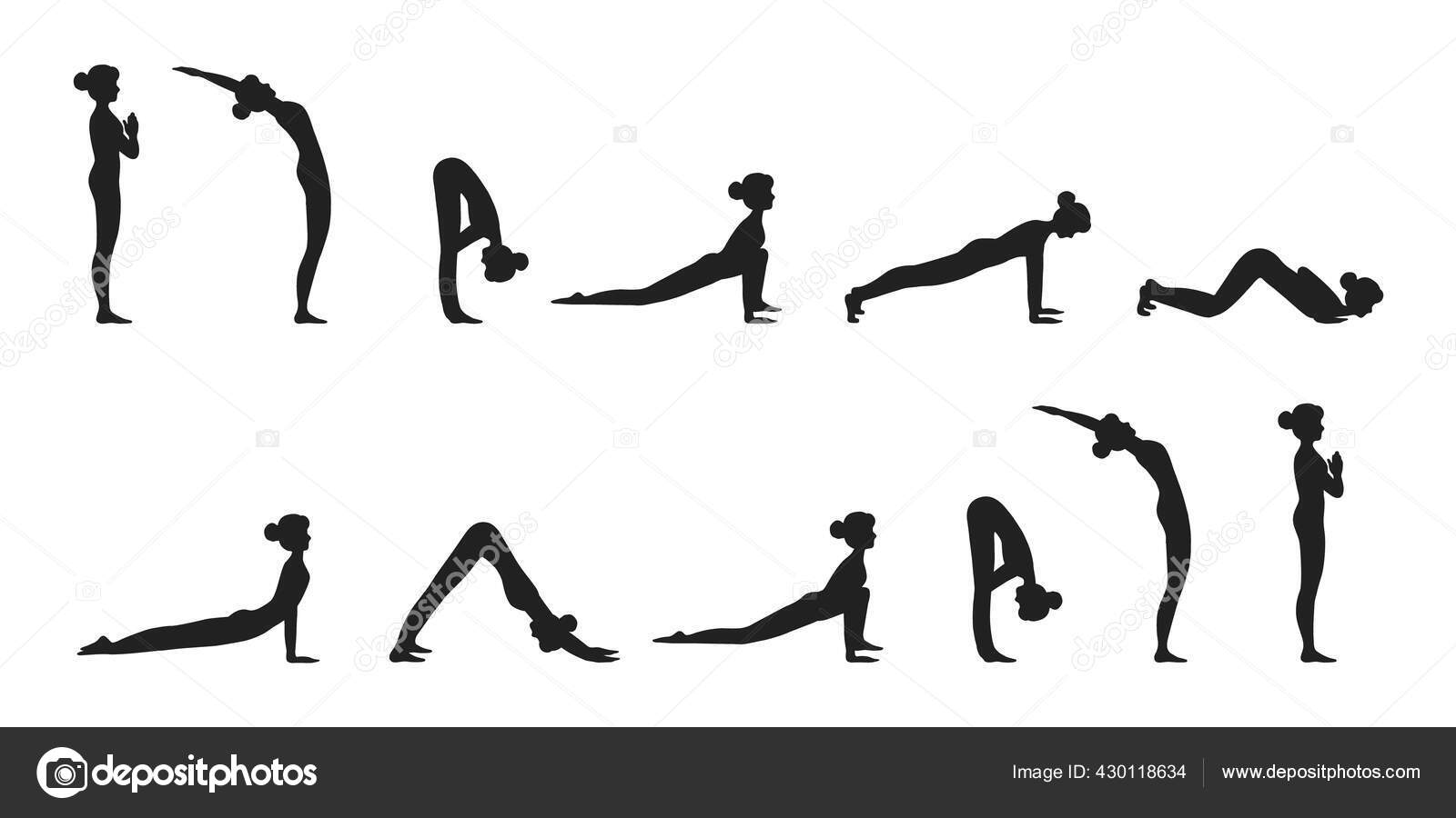 Surya Namaskar A Sun Salutation Yoga Asanas Sequence Set Vector
