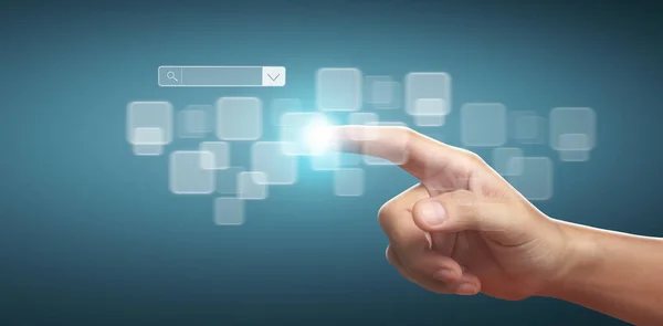 Hands touching button screen interface global connection customer ...