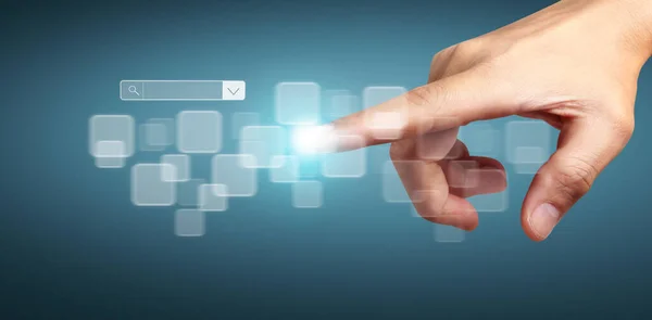Hands touching button screen interface global connection customer ...